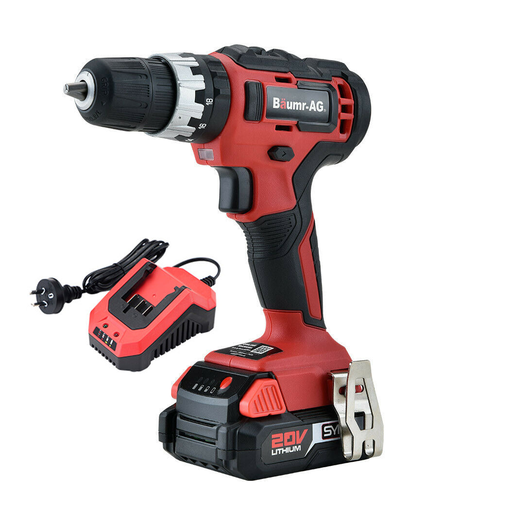BAUMR-AG 20V Cordless Power Drill Kit Lithium Battery Hammer Drilling ...